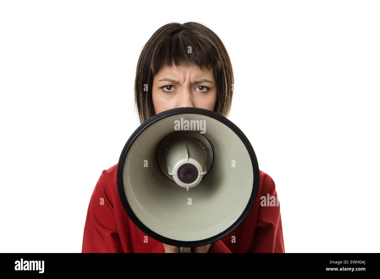 business woman calling out with a loudspeaker Stock Photo - Alamy