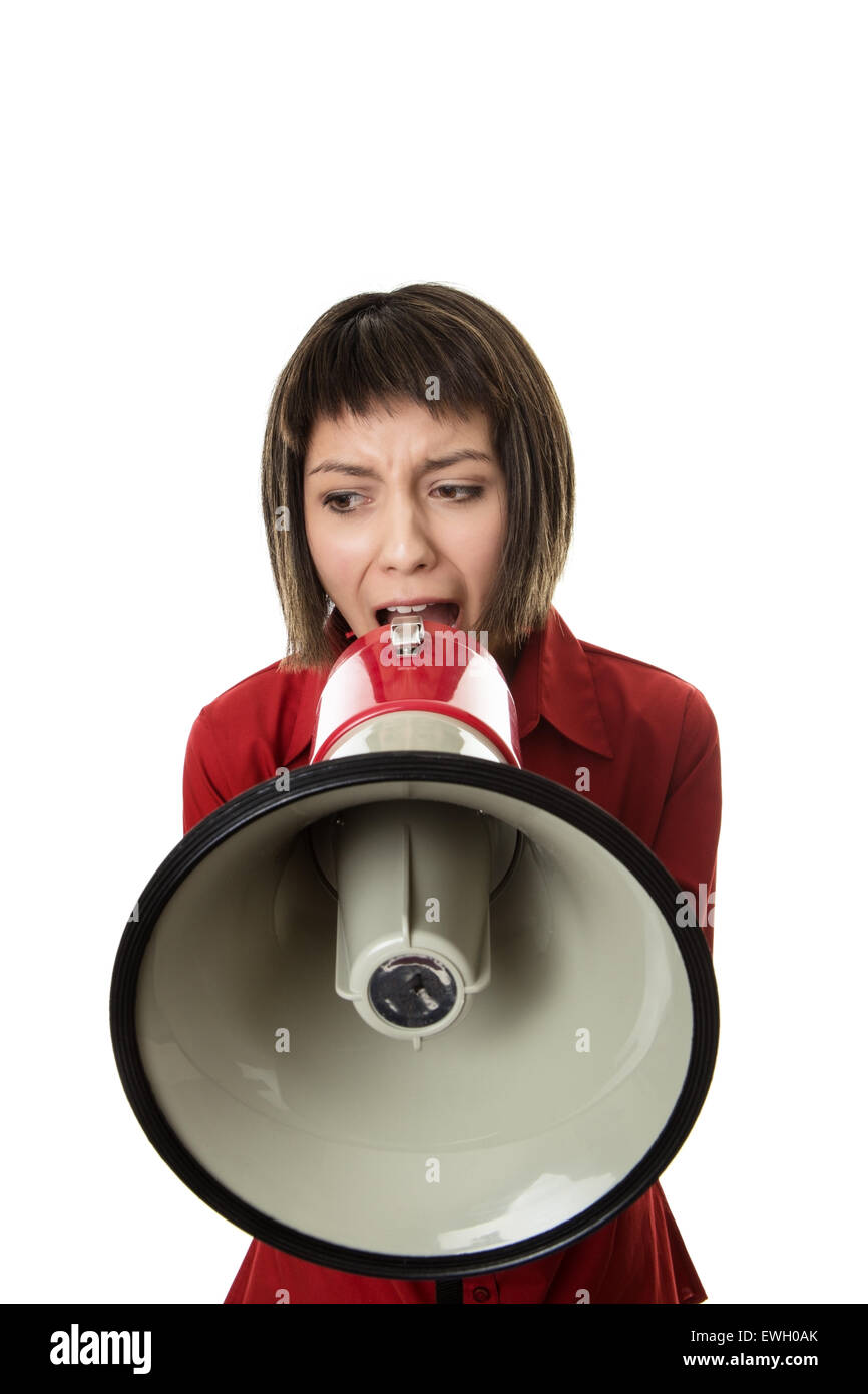 business woman calling out with a loudspeaker Stock Photo - Alamy