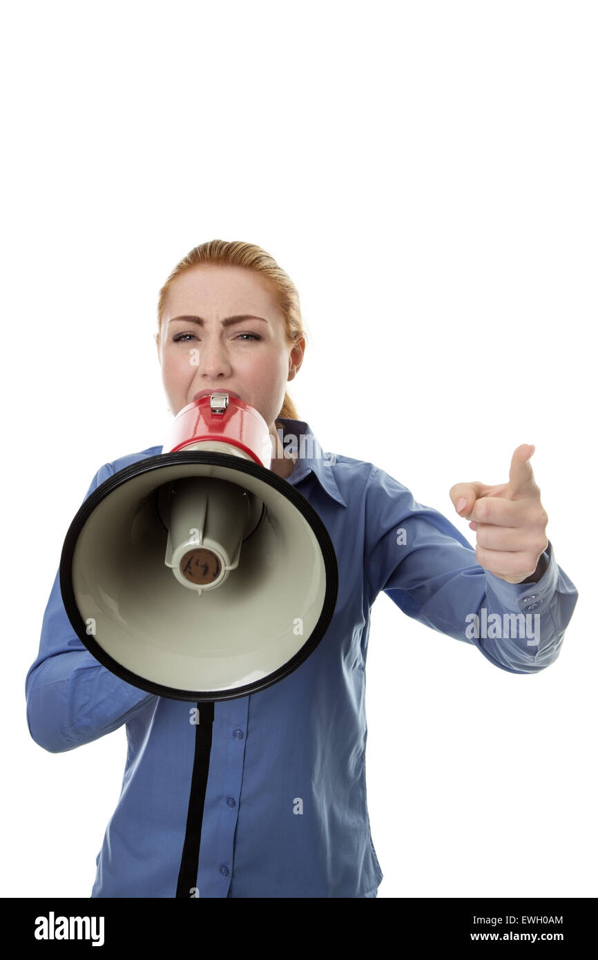 business woman calling out with a loudspeaker Stock Photo - Alamy