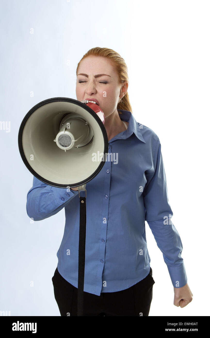 business woman calling out with a loudspeaker Stock Photo - Alamy