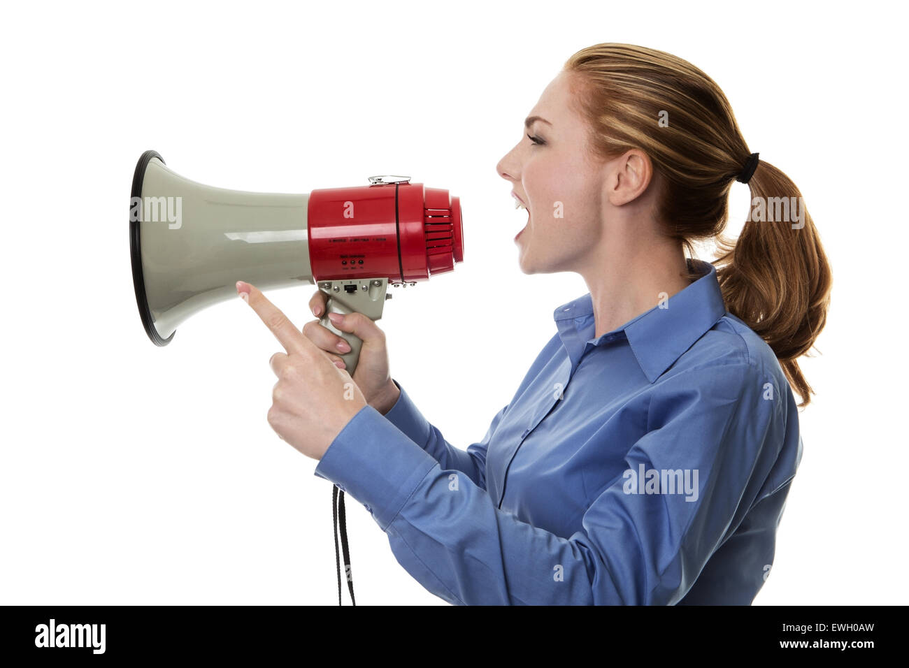 business woman calling out with a loudspeaker Stock Photo - Alamy