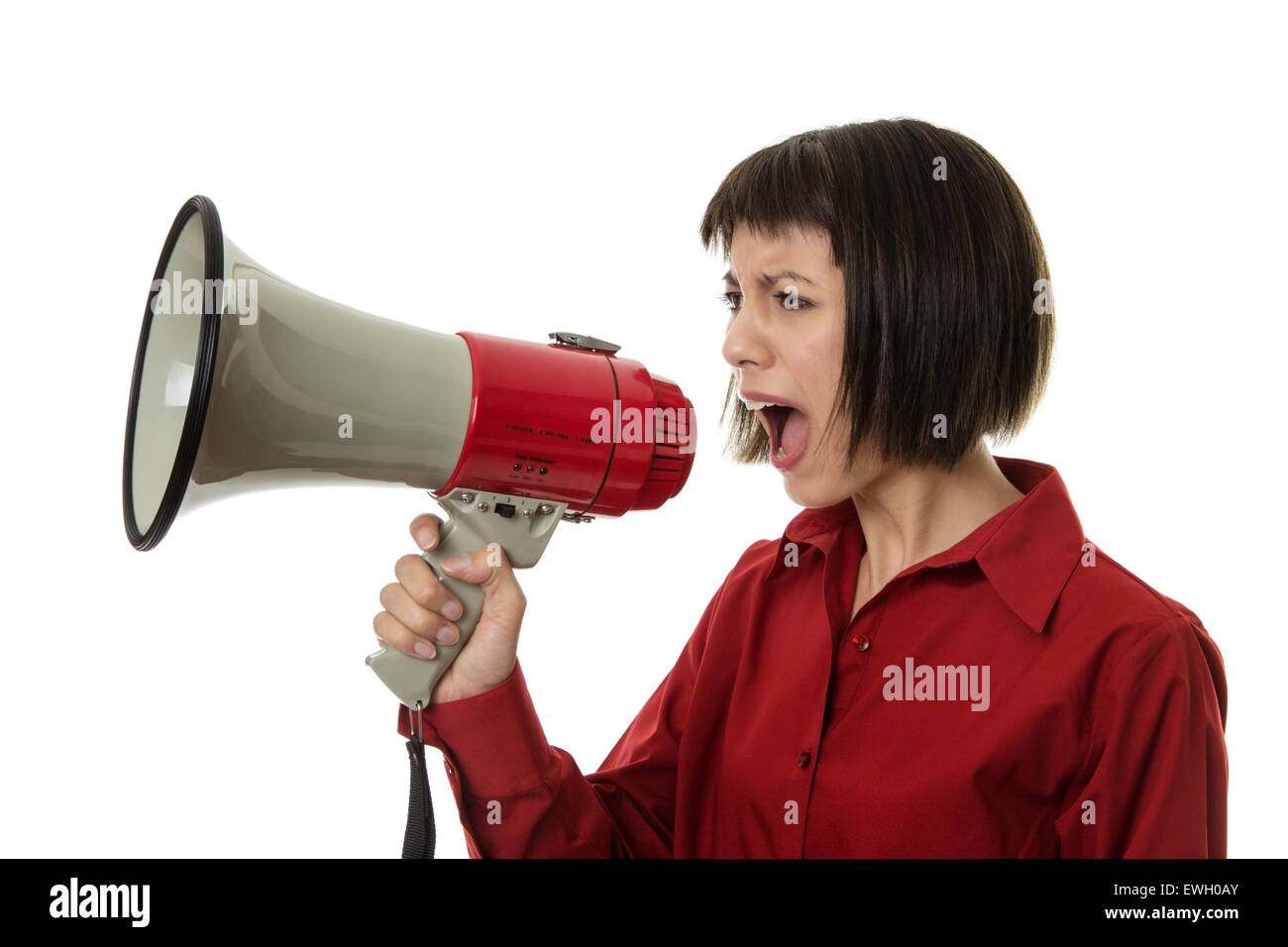 business woman calling out with a loudspeaker Stock Photo - Alamy