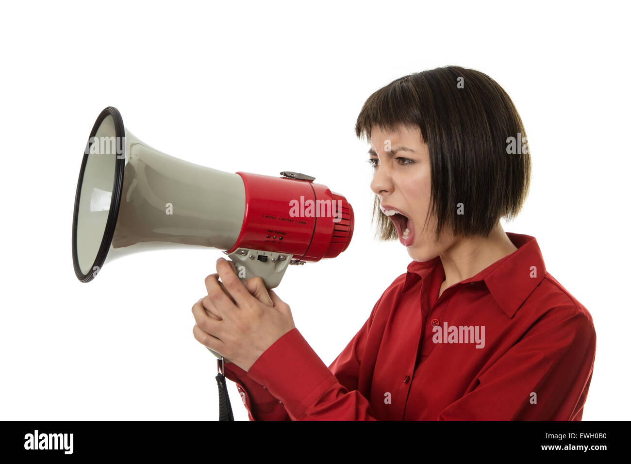 business woman calling out with a loudspeaker Stock Photo - Alamy