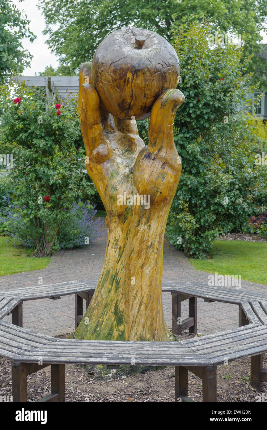A carving, from an old tree, of a hand holding an apple in Wyndham Park ...