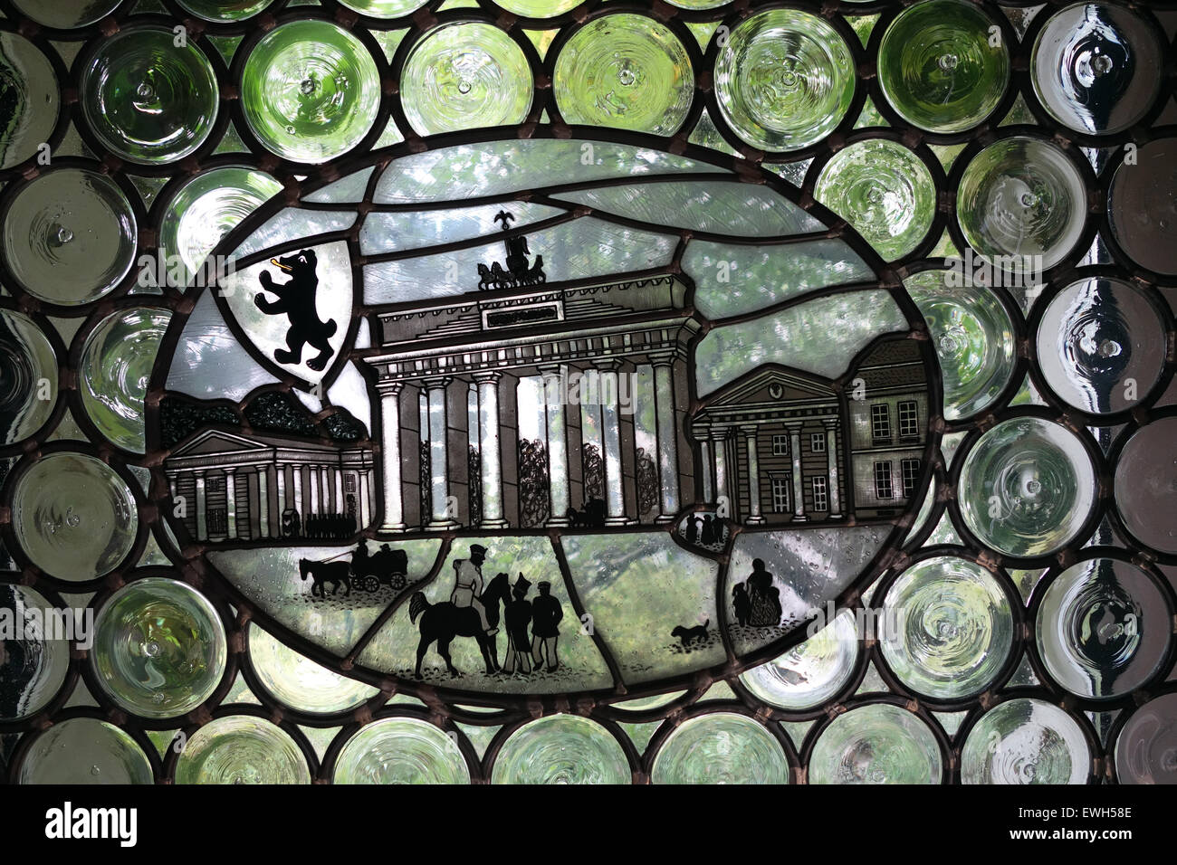 Berlin, Germany, Mosaic window with an image of the Brandenburg Gate ...