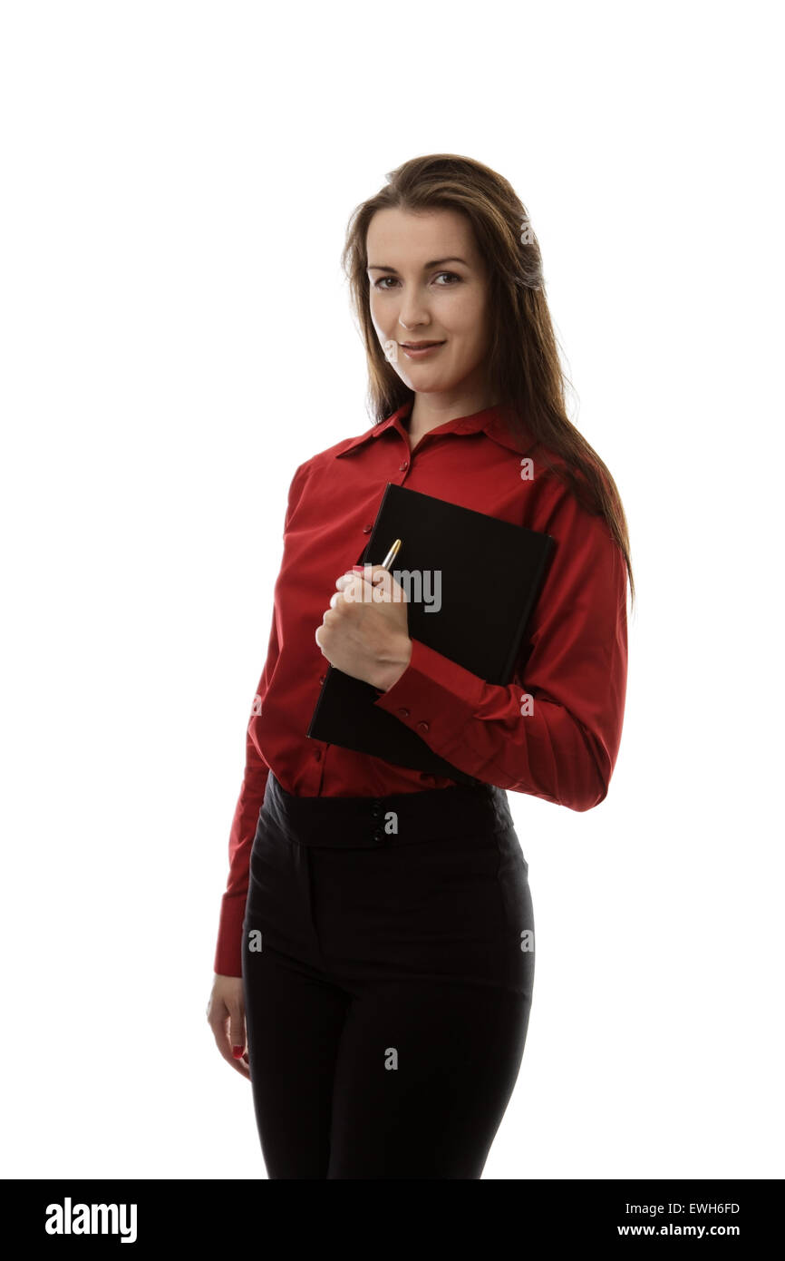 working woman sanding holding a pen and note book Stock Photo - Alamy