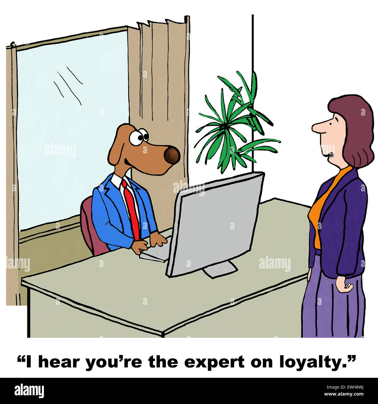 Business cartoon of businesswoman saying to business dog, 'I hear you ...