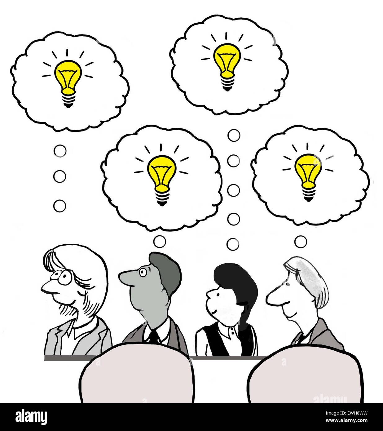 Business cartoon of businesspeople in meeting, they all have a new idea ...