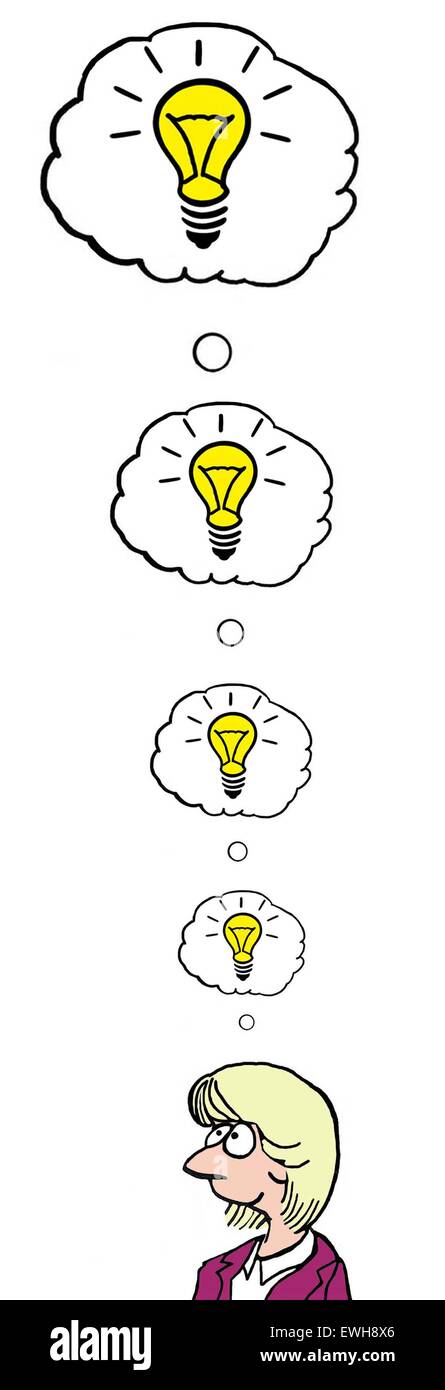 Business cartoon with businesswoman who has new idea upon new idea ...