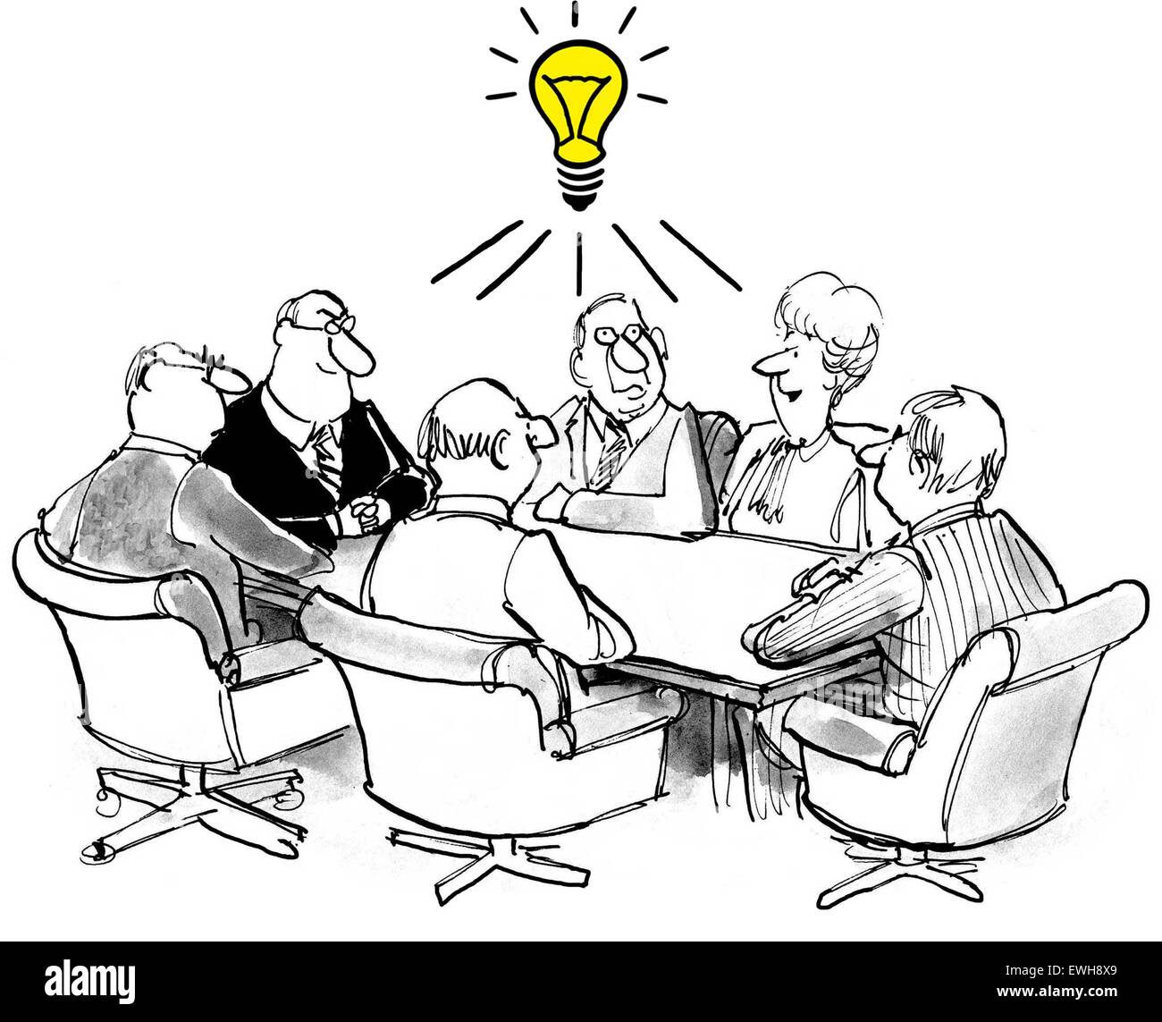 Business cartoon of meeting where everyone has a big, new idea Stock ...