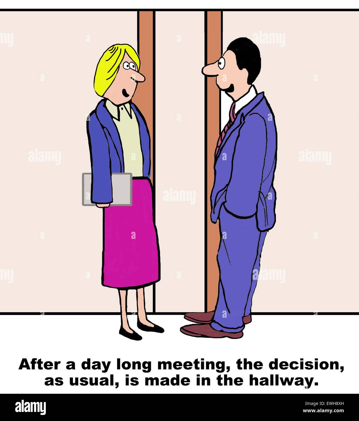 Business cartoon of people in hall, 'after a day long meeting, the ...