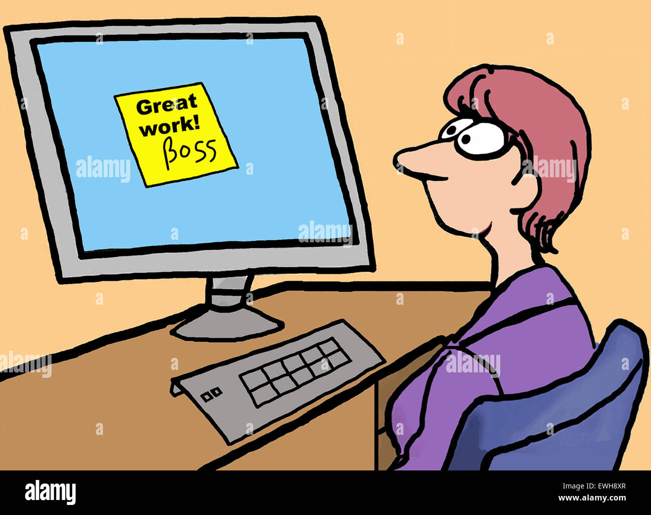 Business cartoon of sticky note boss left for employee saying 'great ...