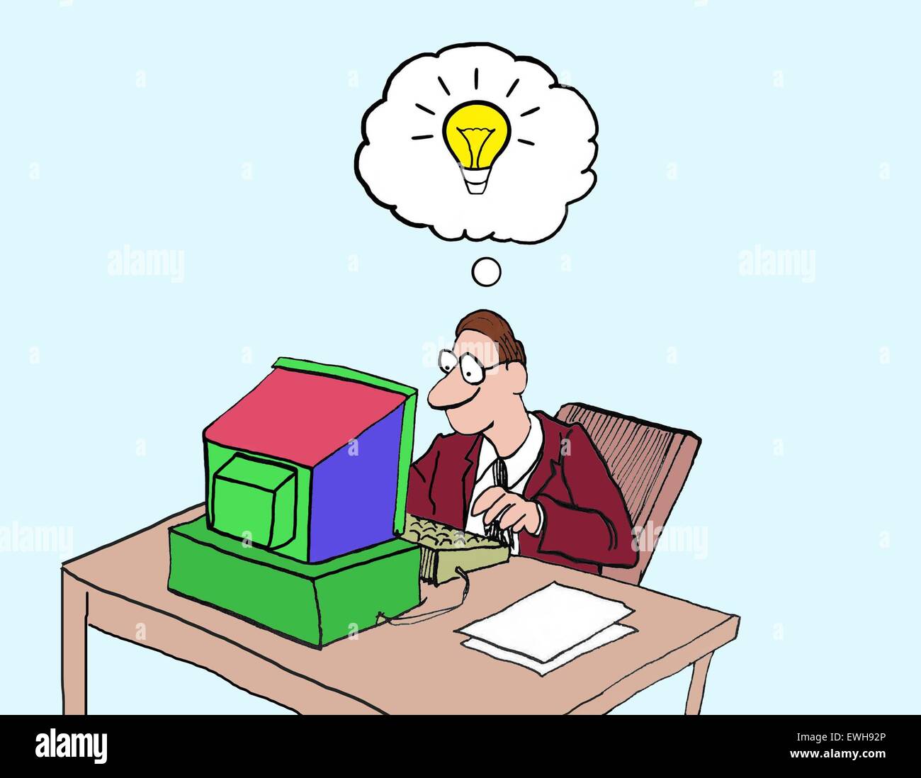 Business cartoon of businessman with colorful computer and new idea ...