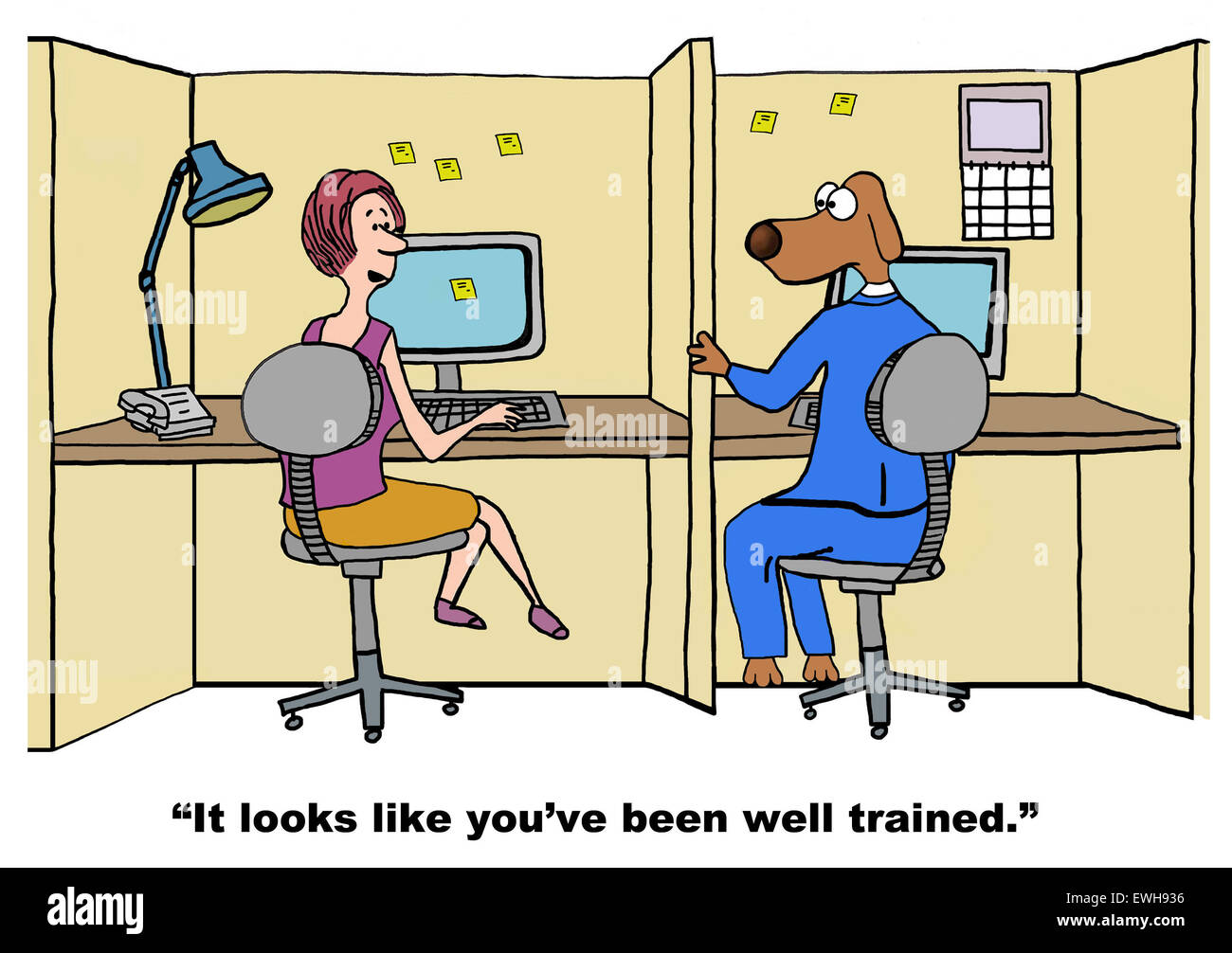 Business cartoon of manager saying to business dog, 'it looks like you ...