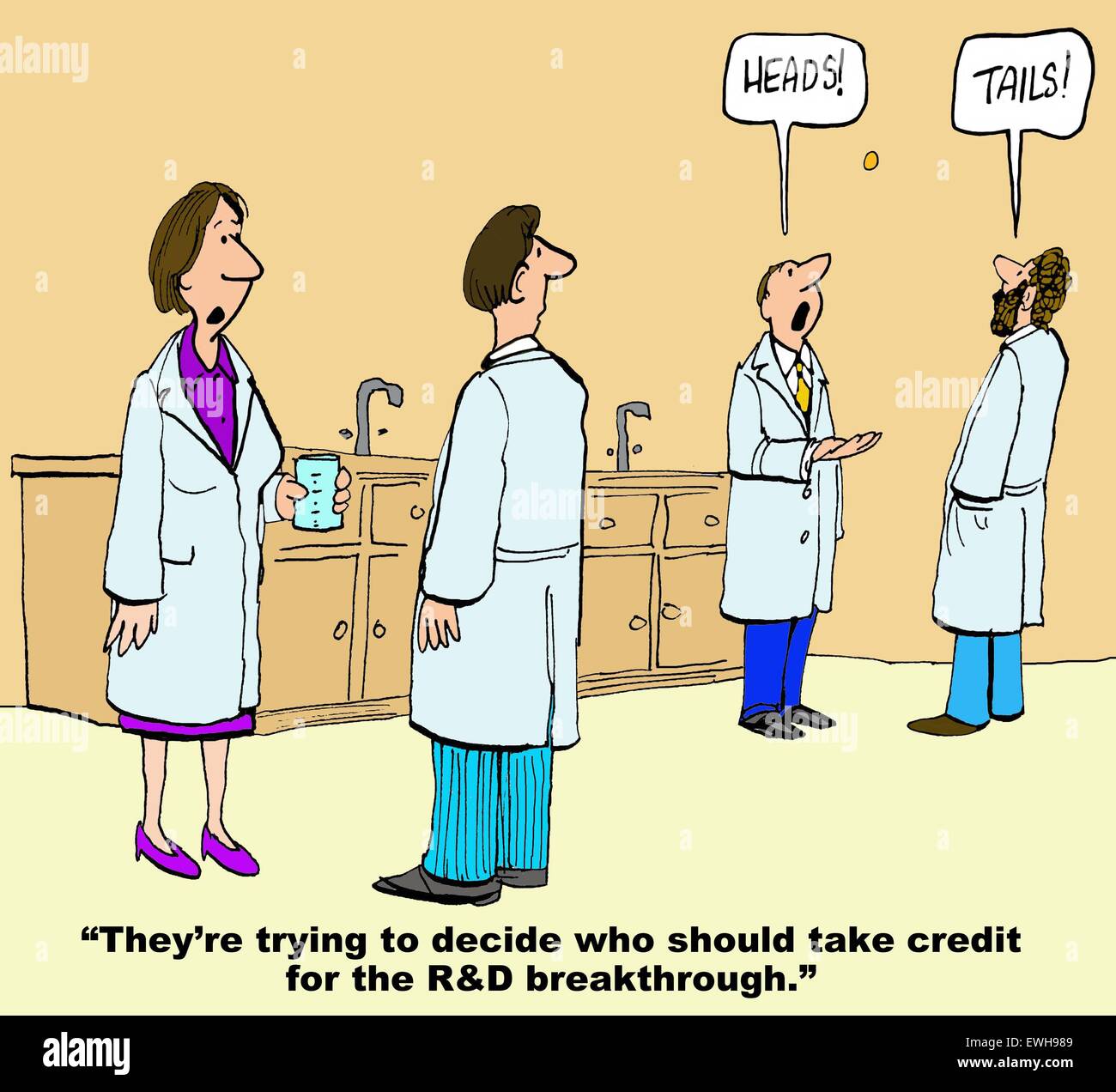 Business cartoon of scientists tossing a coin, woman says, 'trying to ...