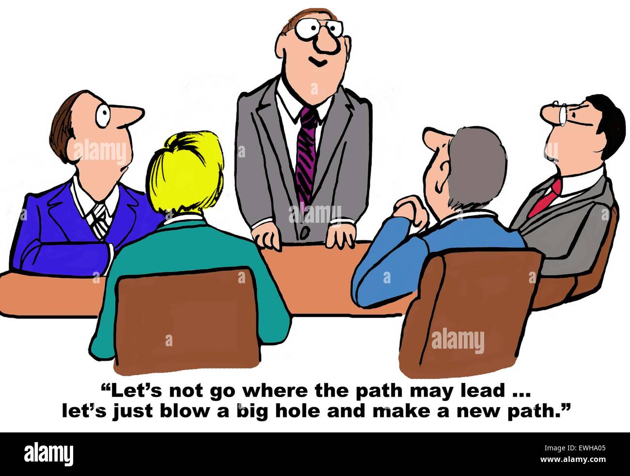 Business cartoon of meeting and manager saying, '...let's just ... make ...