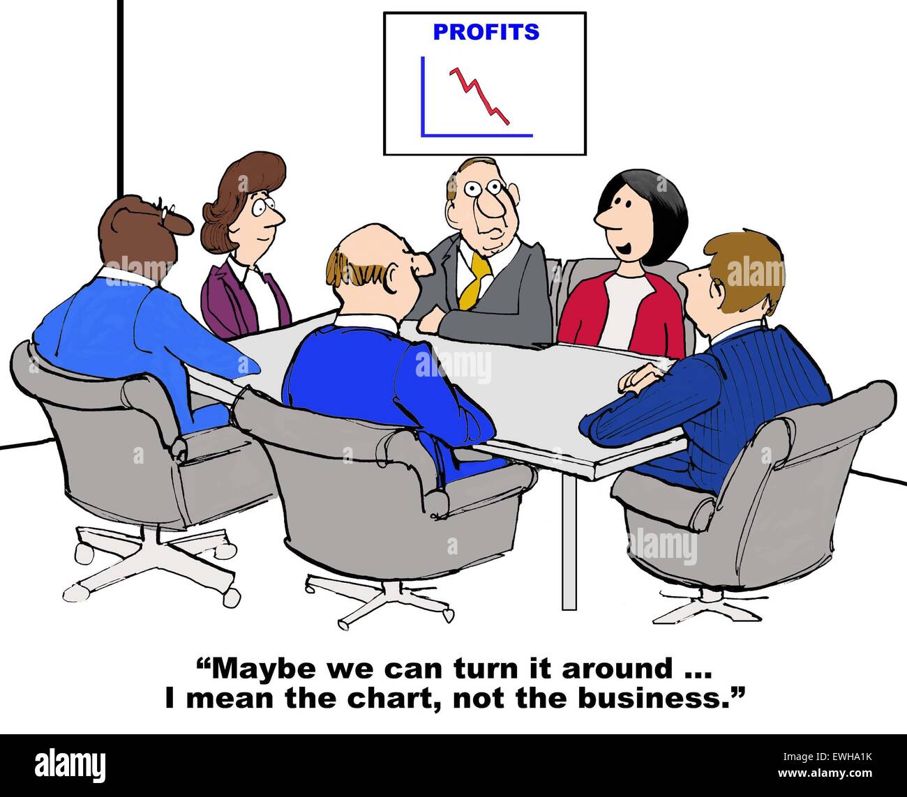 Business cartoon of meeting, chart with declining profits and woman ...