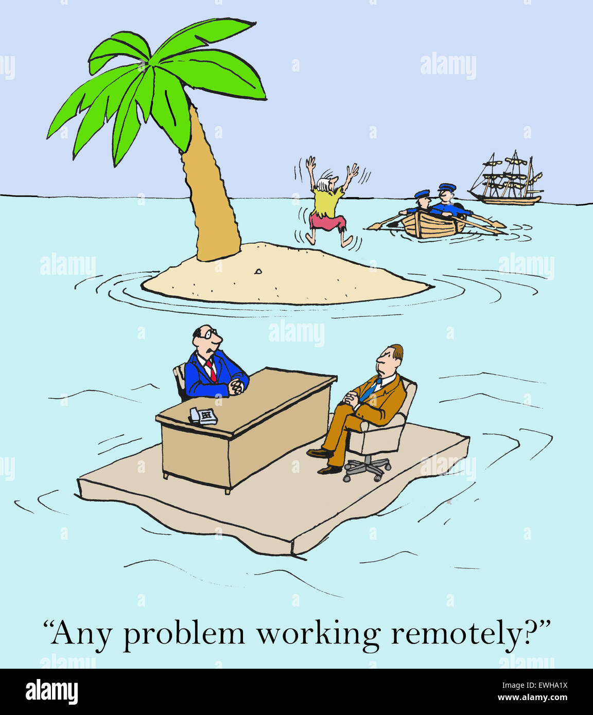 Business cartoon showing remote worker eager to leave island while new ... Business cartoon showing remote worker eager to leave island while new ...