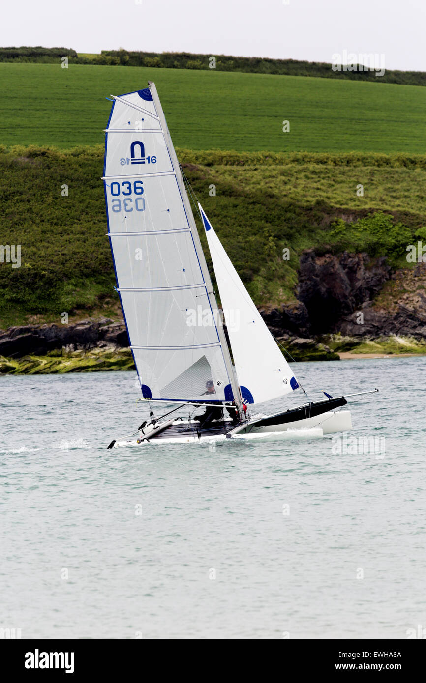 Nacra F16 catamaran sailing in the Camel Estuary off Padstow Stock ...