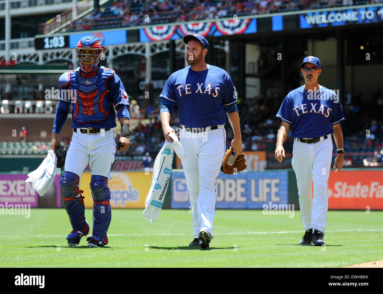 JUN 25, 2015: Texas Rangers catcher Robinson Chirinos #61 left, Texas ...