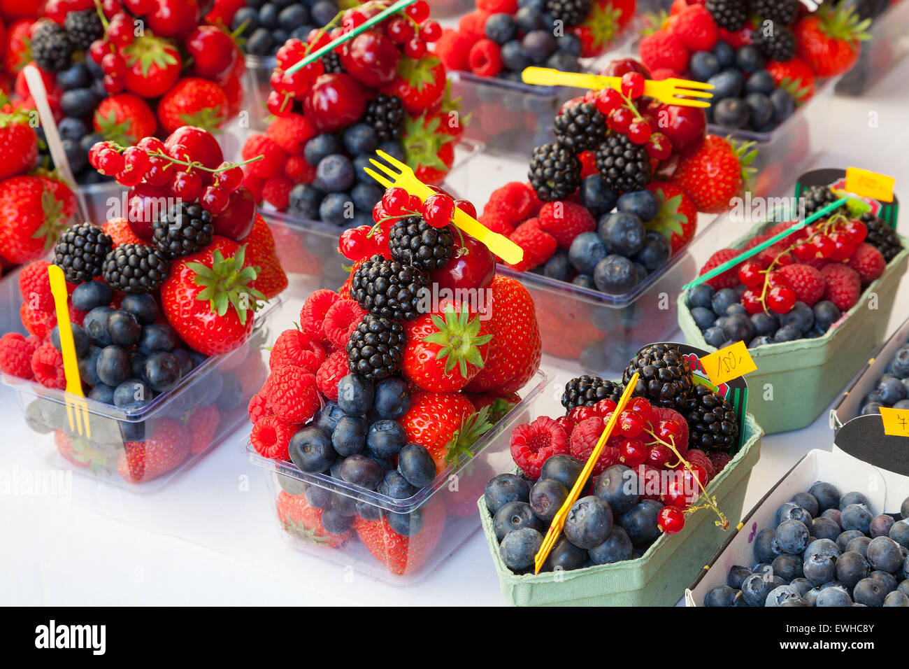Display of mixed fresh fruit berries in containers ready to eat Stock ...