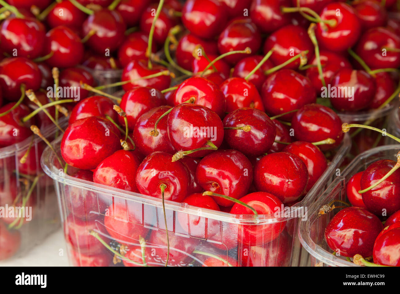 Colorful display of ripe cherries at a food market Stock Photo - Alamy