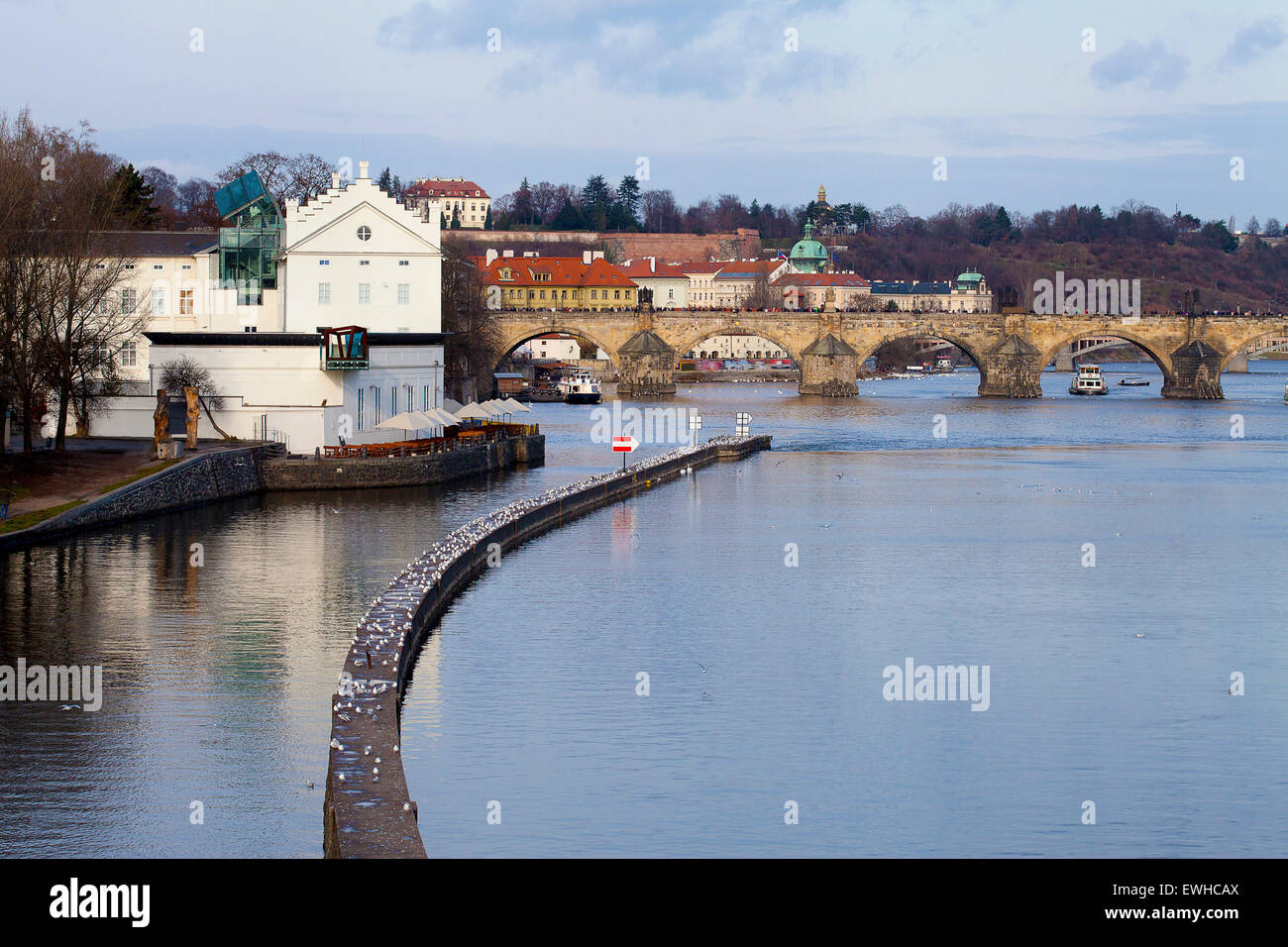 Winter view of Vltava River near Charles Bridge in Prague with ...