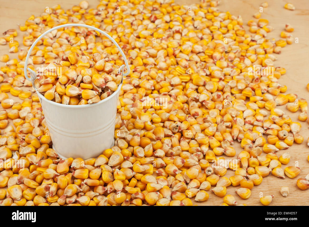 White bucket with corn on the wooden floor, as a background Stock Photo ...