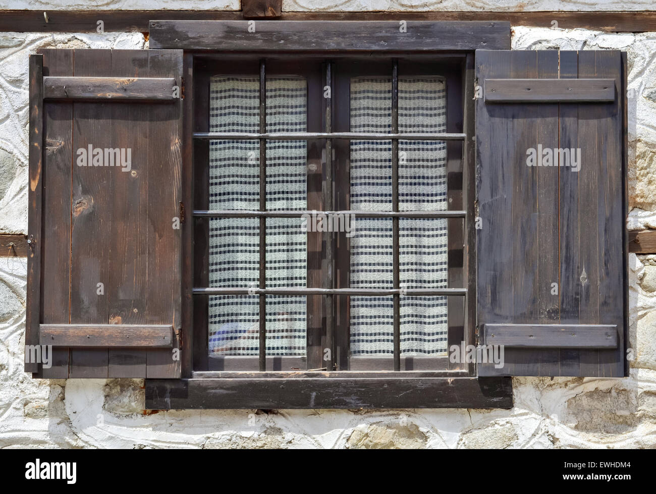 Detail of an old wooden window of a traditional house in Bulgaria Stock ...