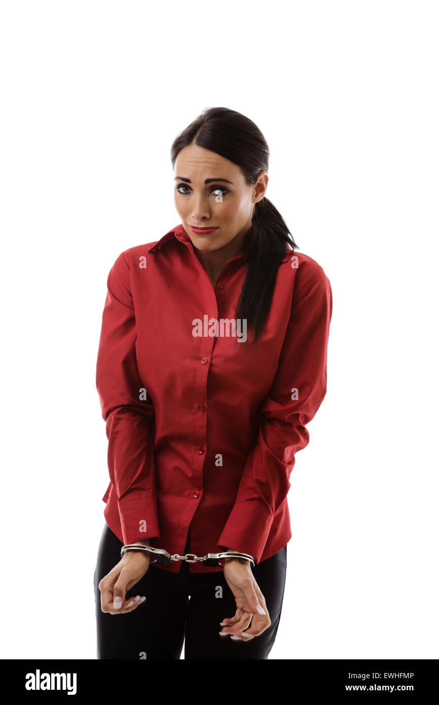 unhappy woman chained up in handcuffs Stock Photo - Alamy