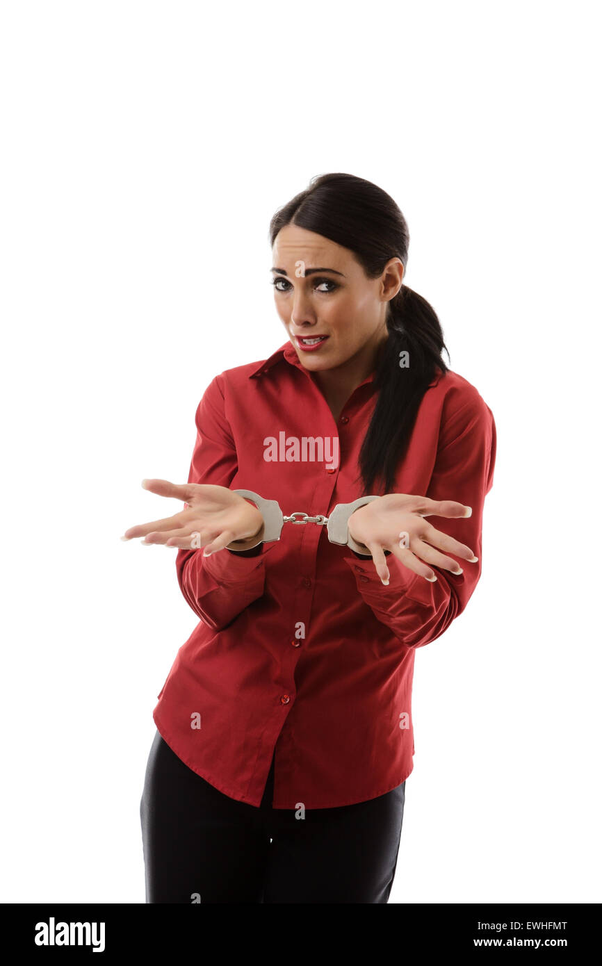 unhappy woman chained up in handcuffs Stock Photo - Alamy