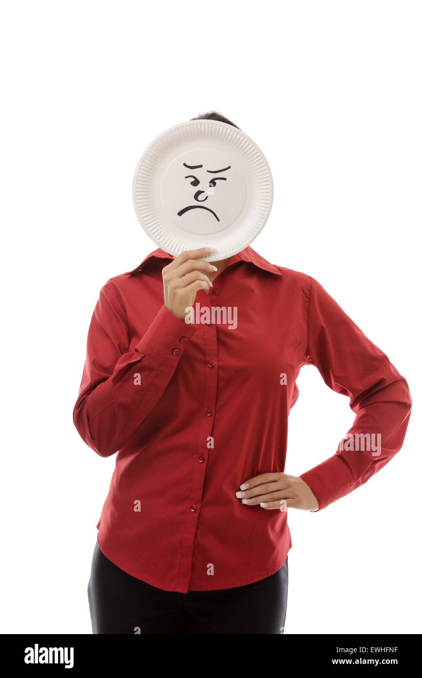 businesswoman holding a paper plate up to her face with a sad face draw ...
