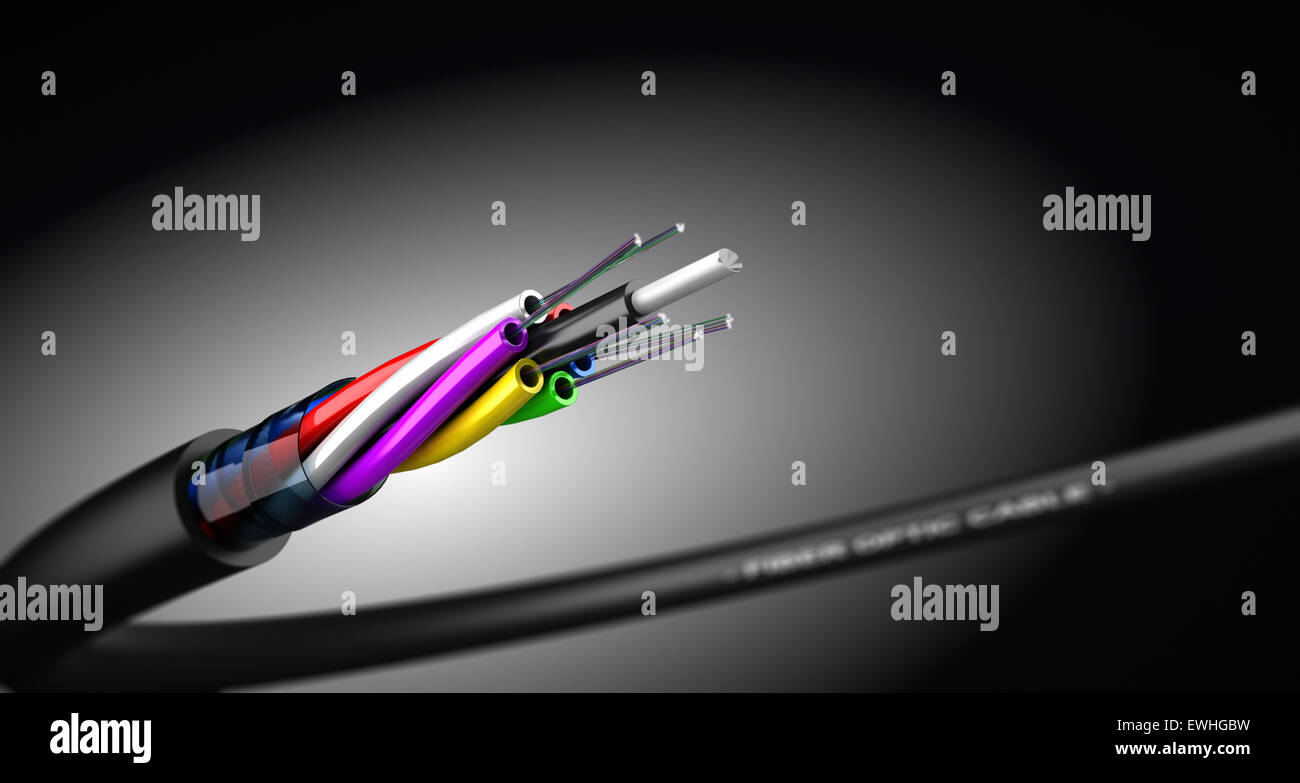 Stripped fiber optic cable over black background with spot light ...