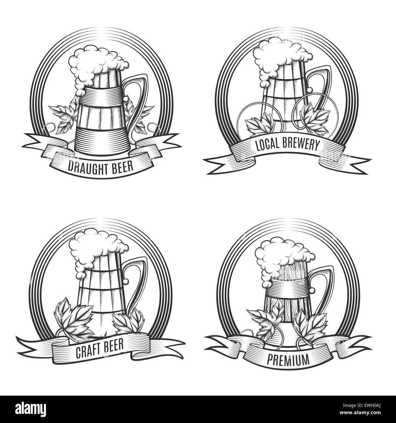 Set of Beer mugs and hop leaves emblem with ribbon. Engraving style ...