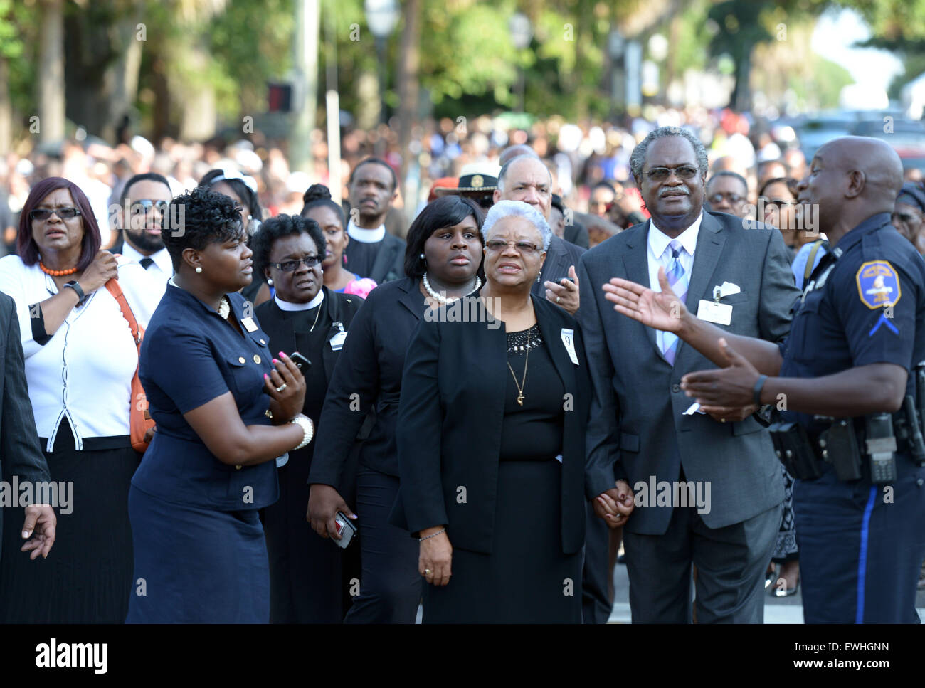 Charleston, USA. 26th June, 2015. People line to attend the funeral of ...