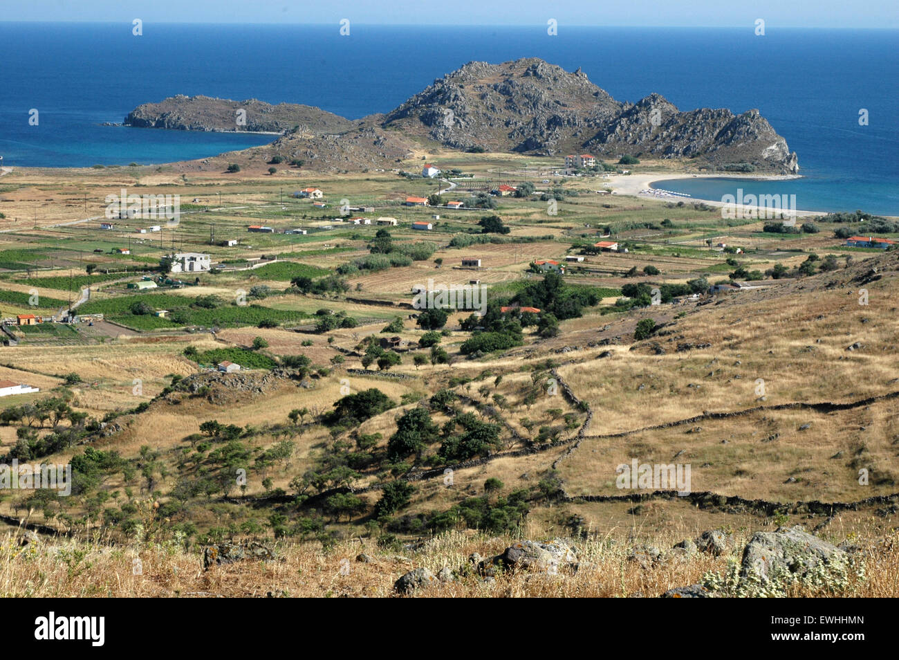 Wide view of Thanos village heritage and Asprokavos cape. Limnos ...