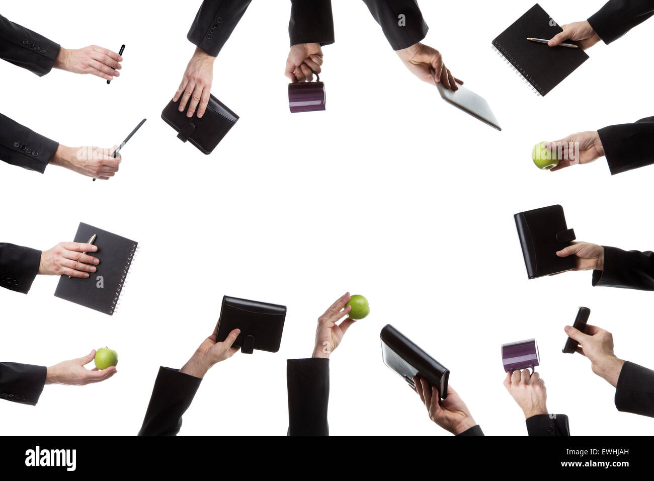 cut out of many male hands holding different objects Stock Photo - Alamy