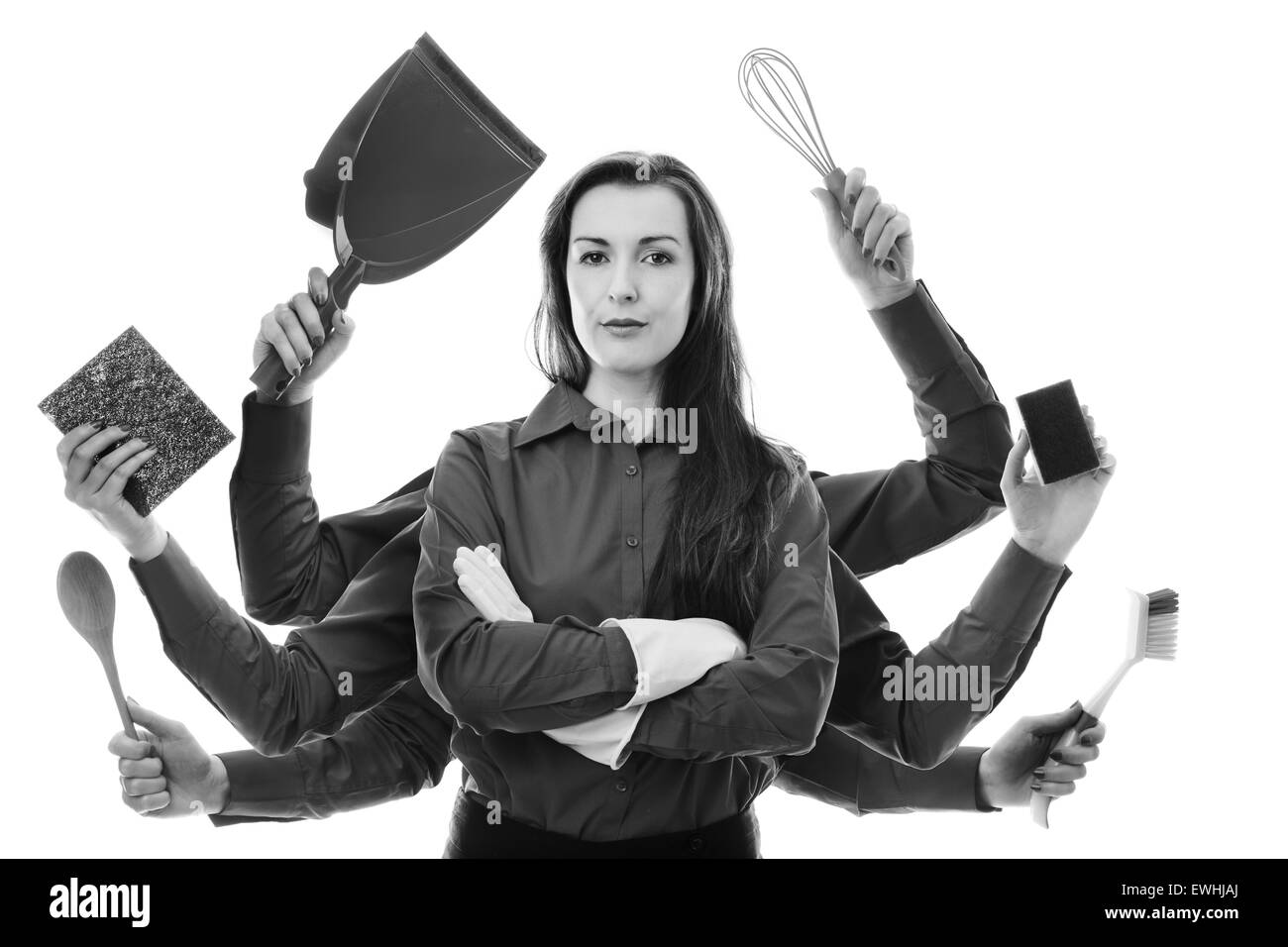 woman with many arms holding different objects in each hand to clean up ...