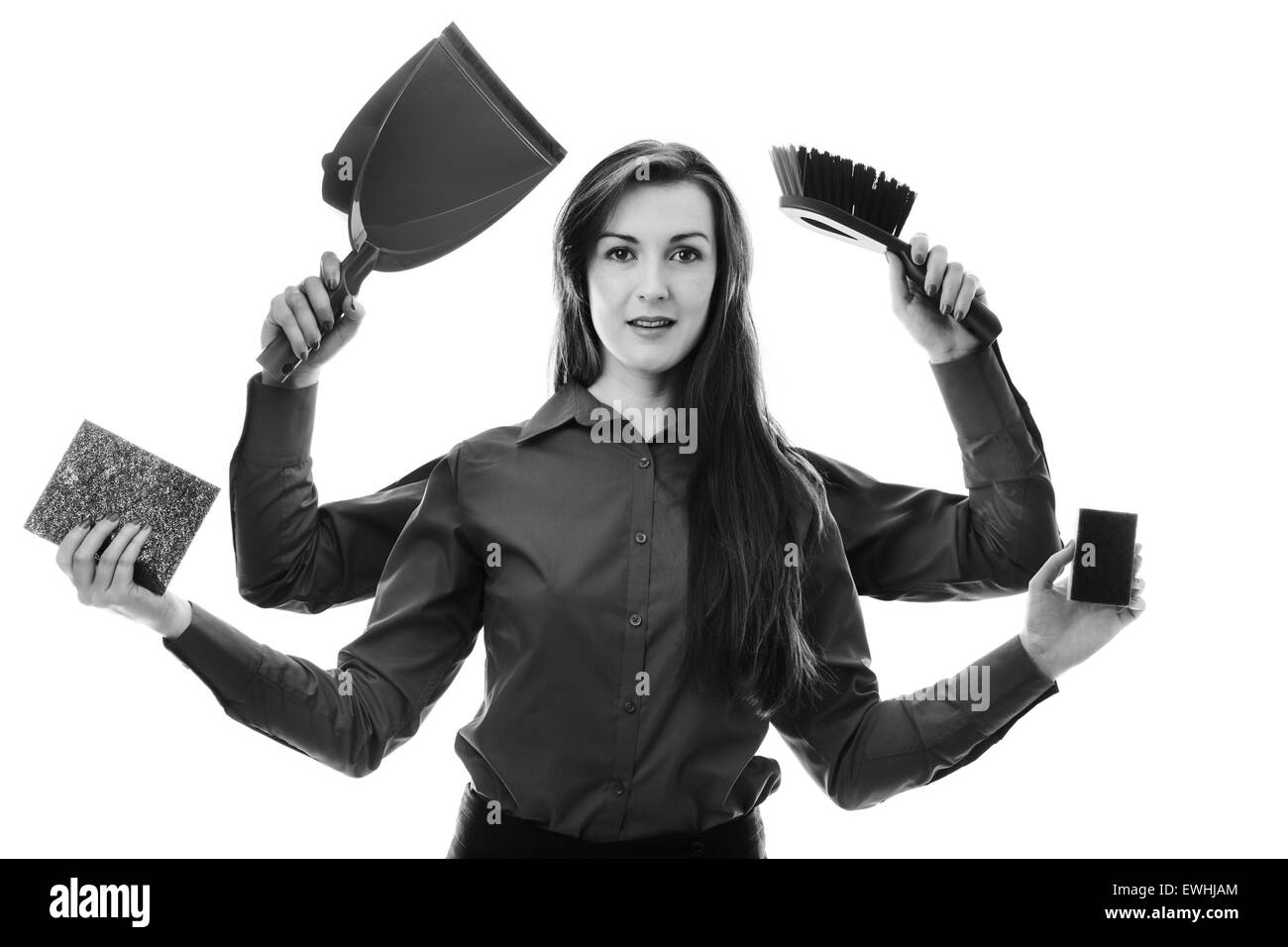 woman with many arms holding different objects in each hand to clean up ...