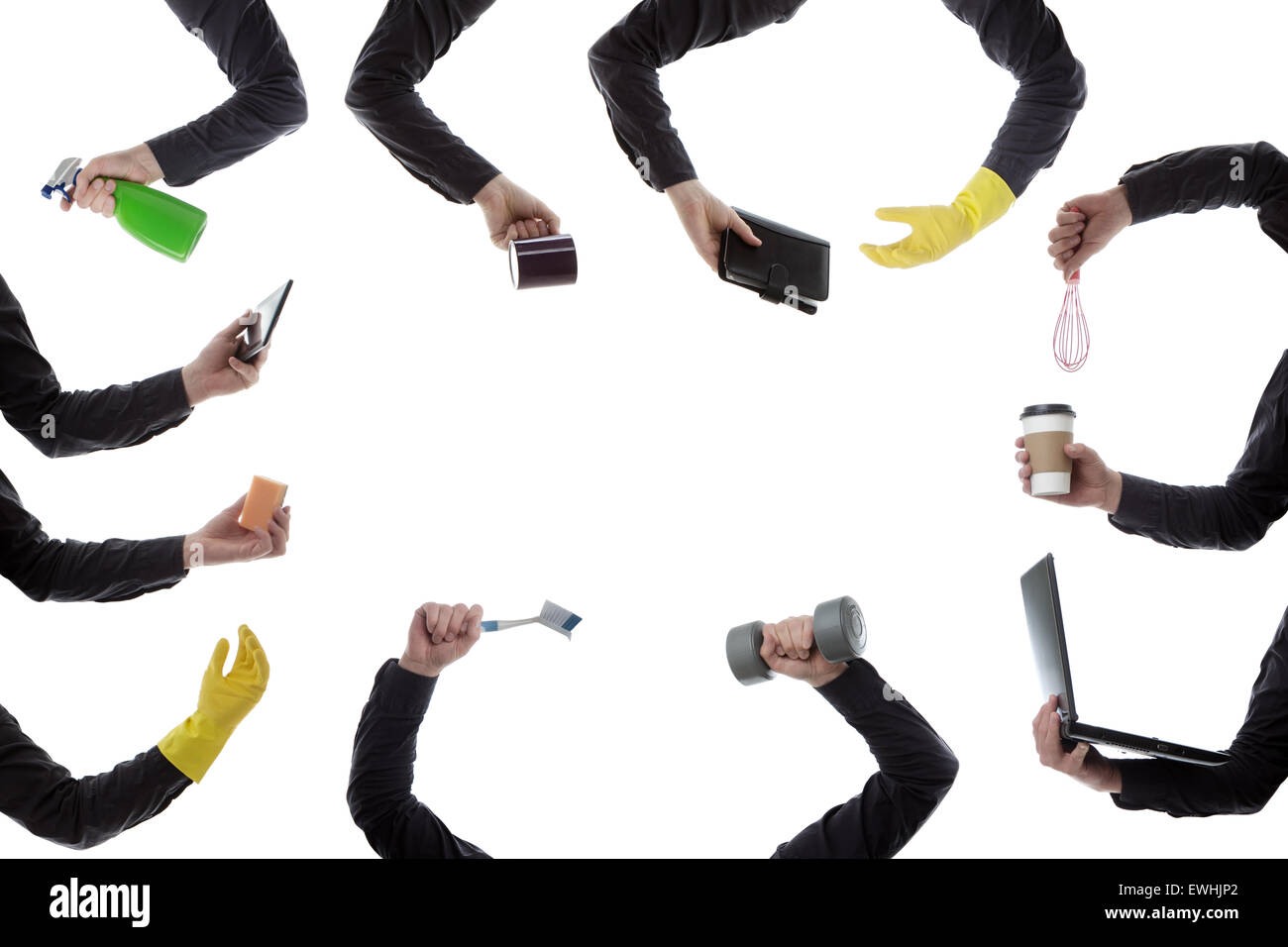 man hands holding many different house hold object mostly cleaning ...