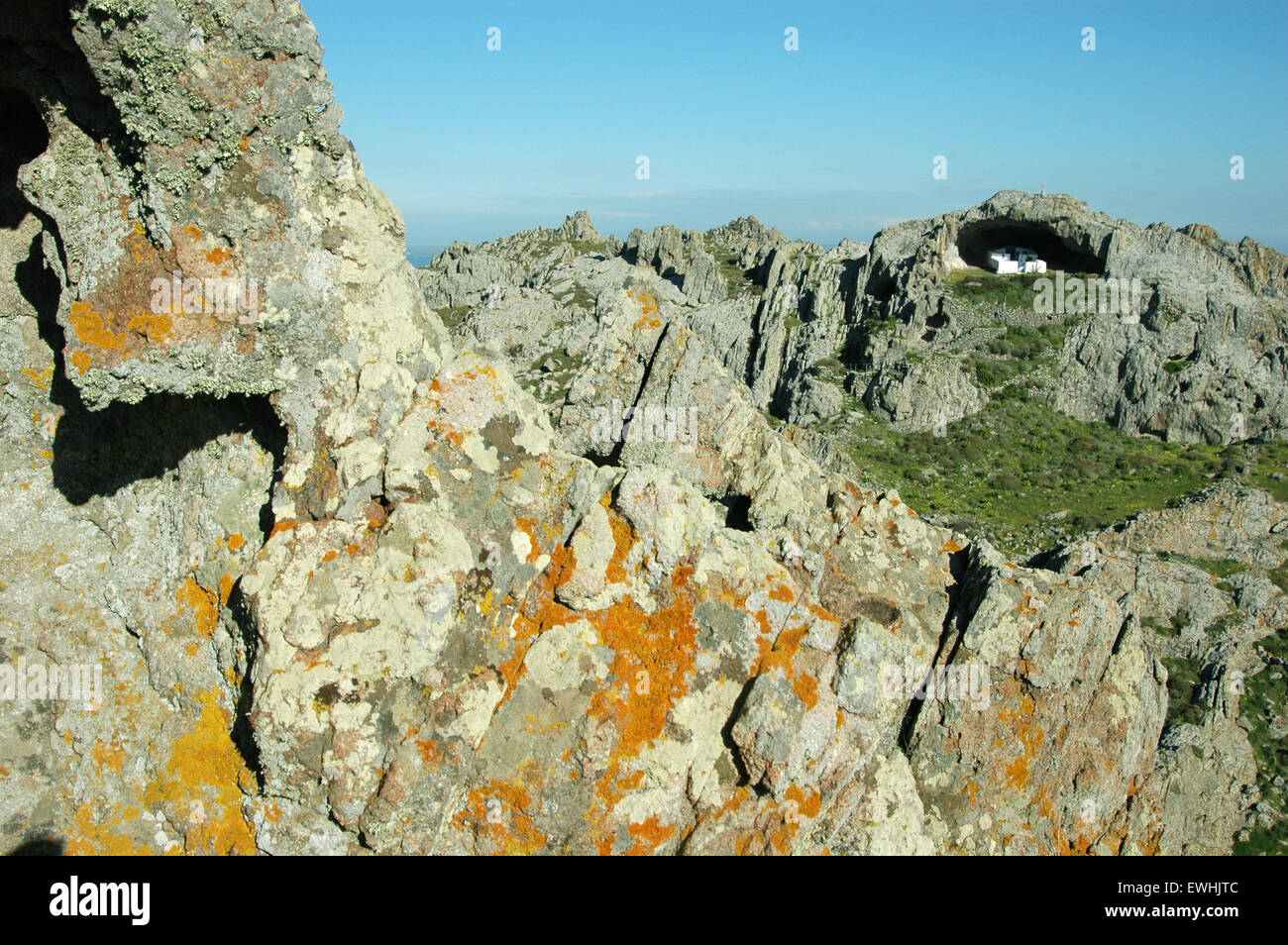 Wide view Kakaviotissa cave chapel rocky landscape in Mount Kakavos ...
