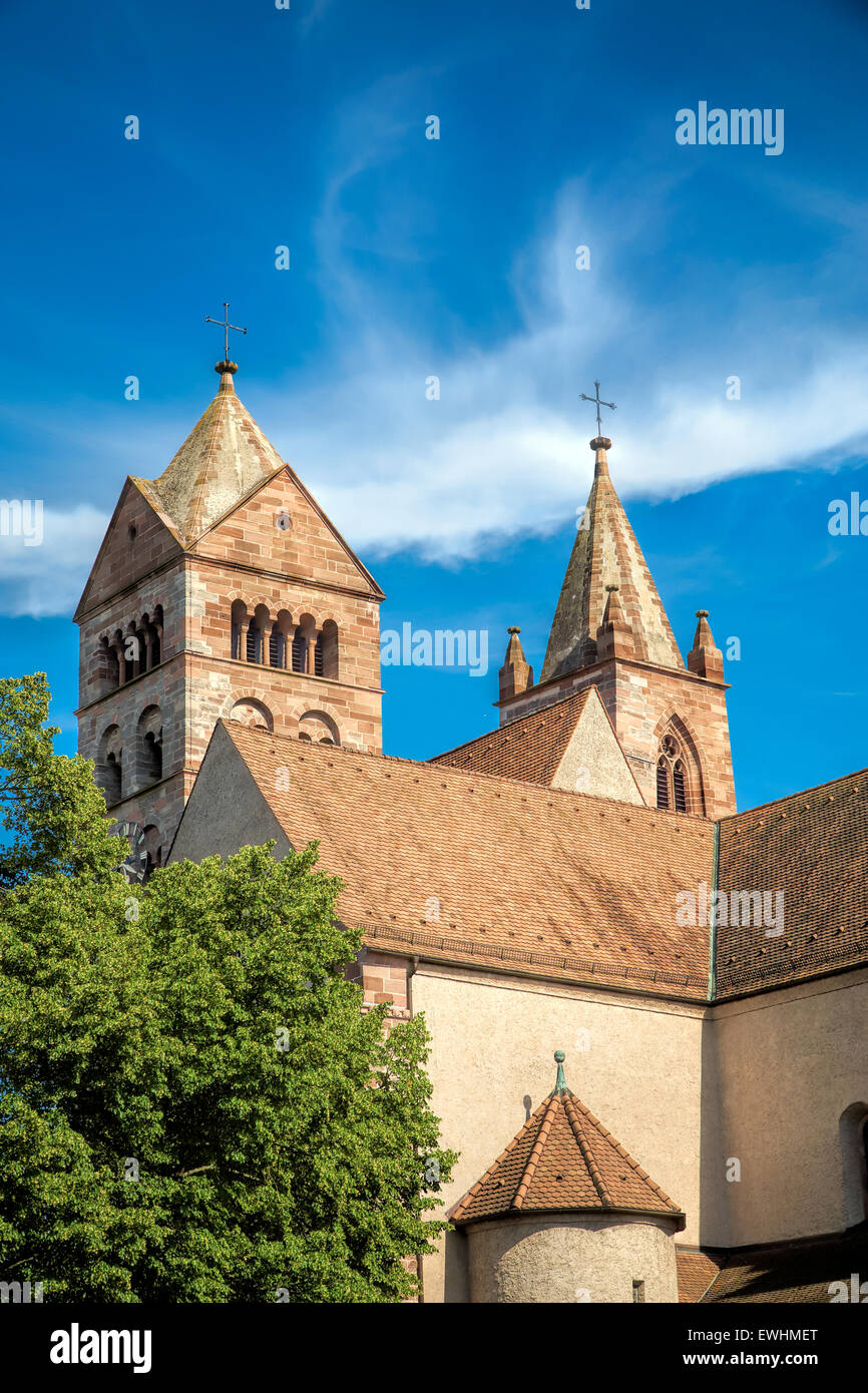 Views of the Stephans Cathedral in front of bright blue sky in Breisach ...