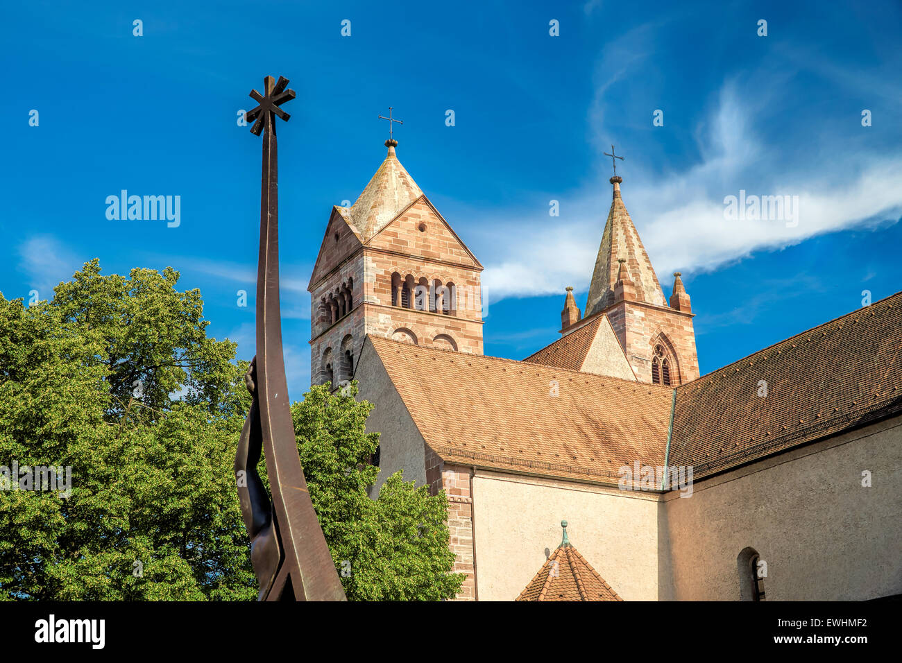Views of the Stephans Cathedral in front of bright blue sky in Breisach ...