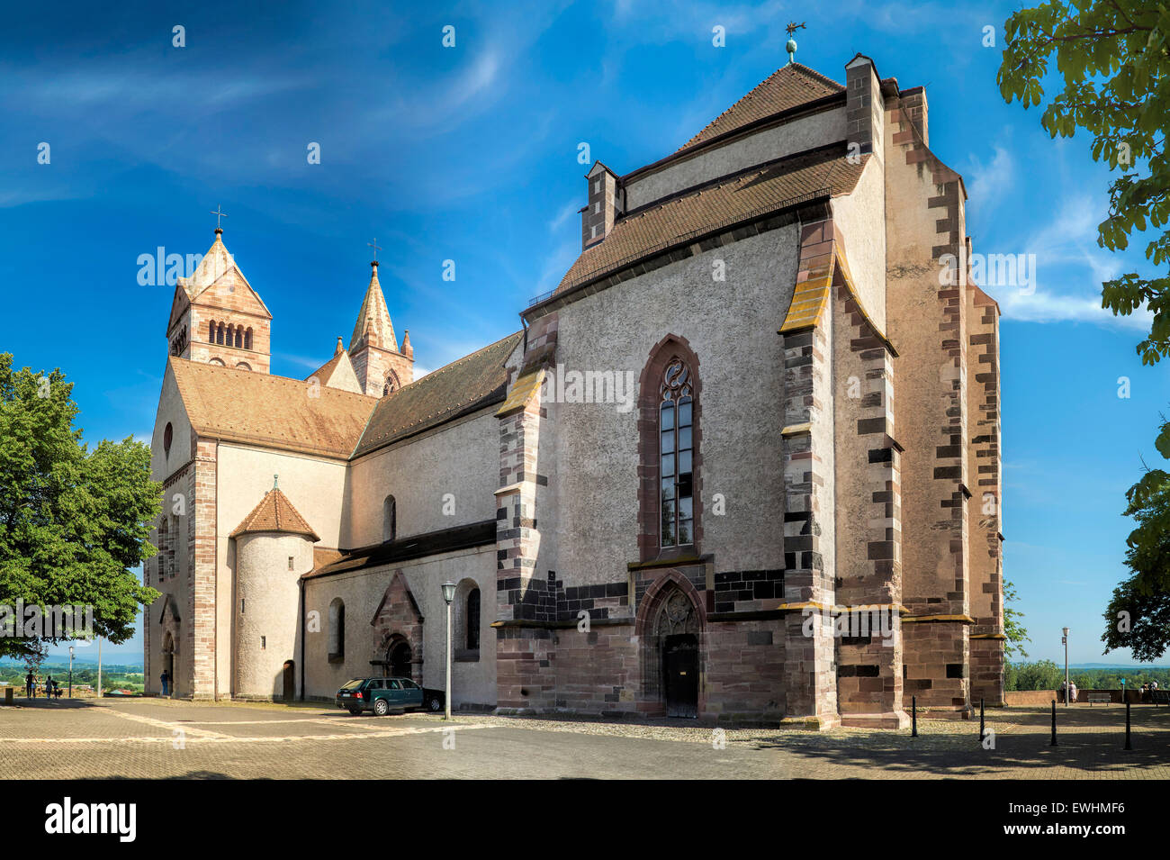 Panorama of Stephans Cathedral in front of bright blue sky in Breisach ...