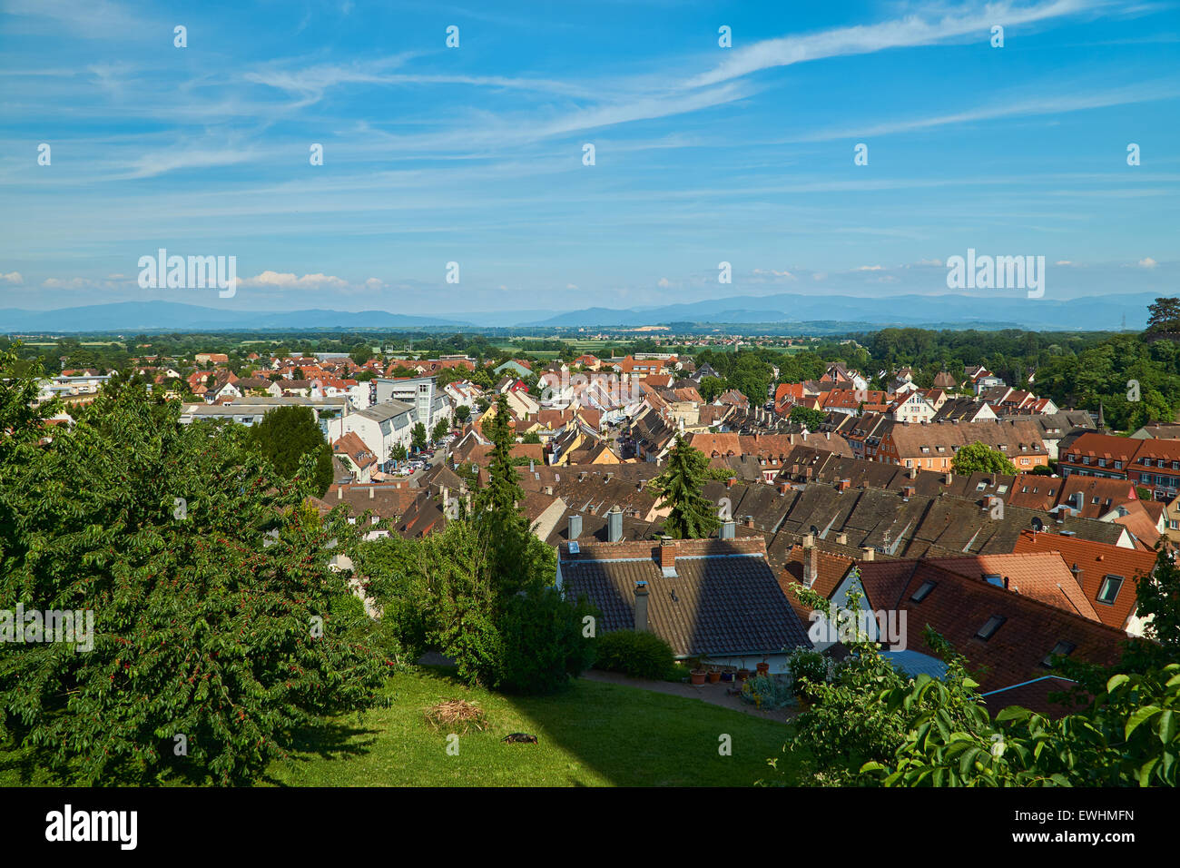 View over the rooftops and the landscape of Breisach on the Upper Rhine ...