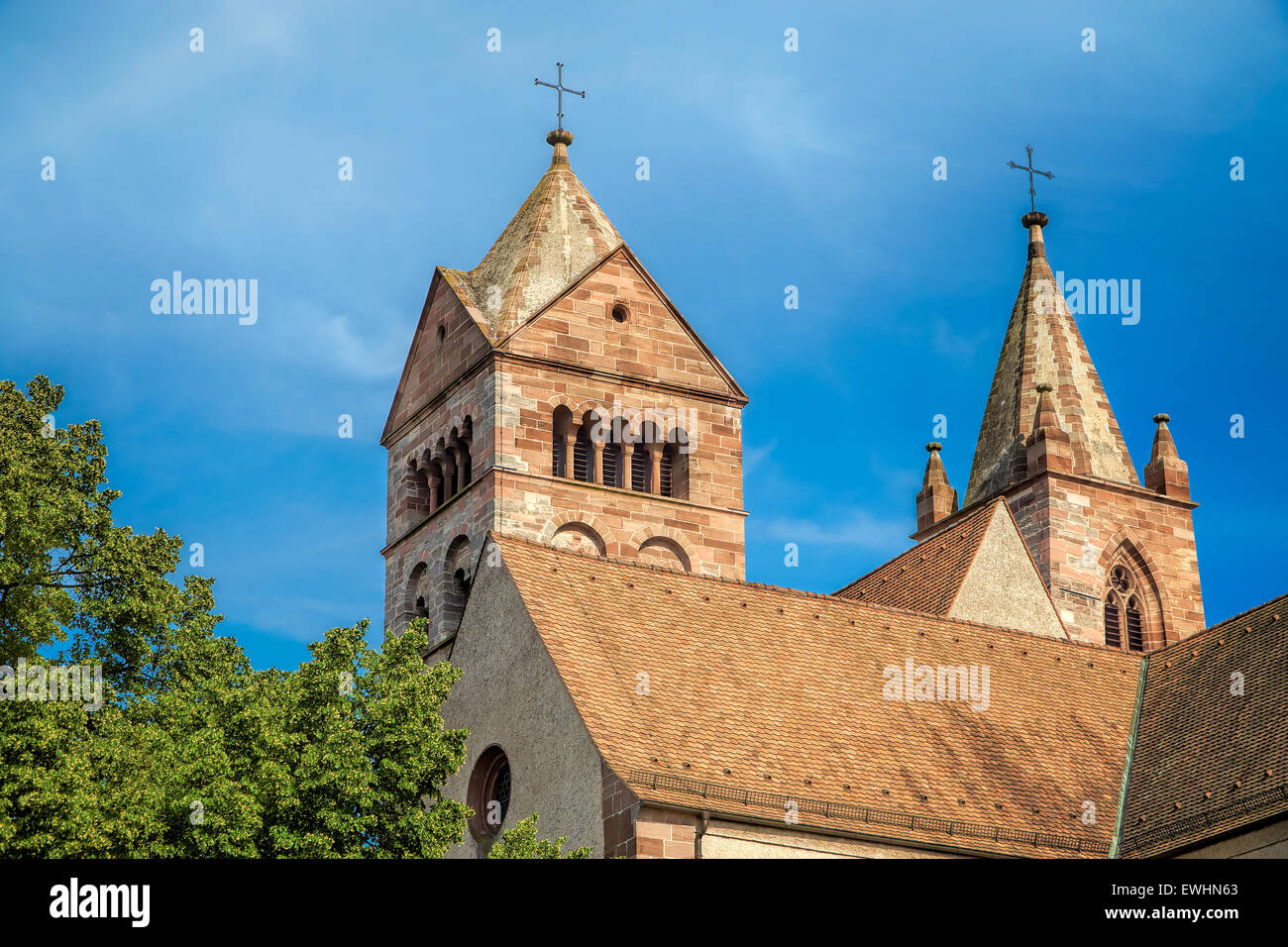 Views of the Stephans Cathedral in front of bright blue sky in Breisach ...