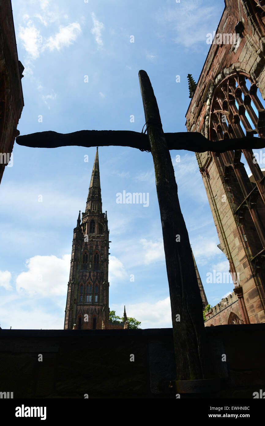 The old charred cross at Coventry Cathedral ruins, Coventry, West ...