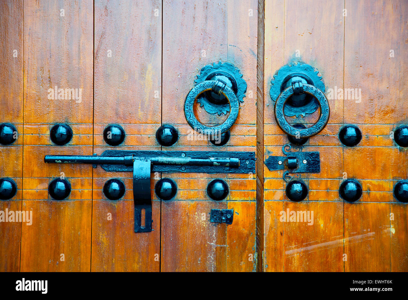 brown morocco in africa the old wood facade home and rusty safe padlock ...