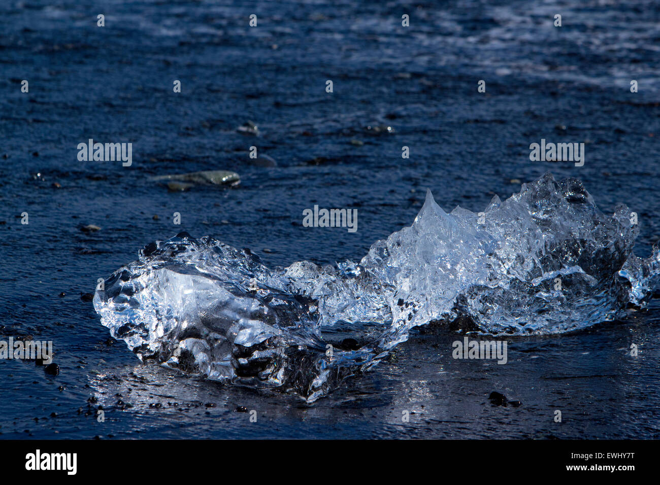 clear ice washing up on the black sand beach at Jokulsarlon Iceland ...