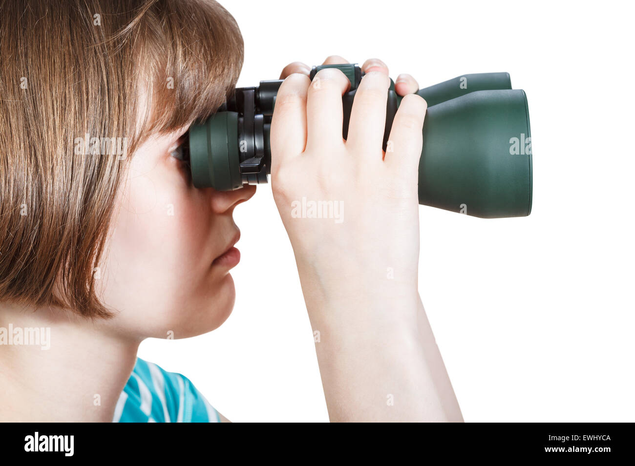 side view of girl looks through binoculars isolated on white background ...